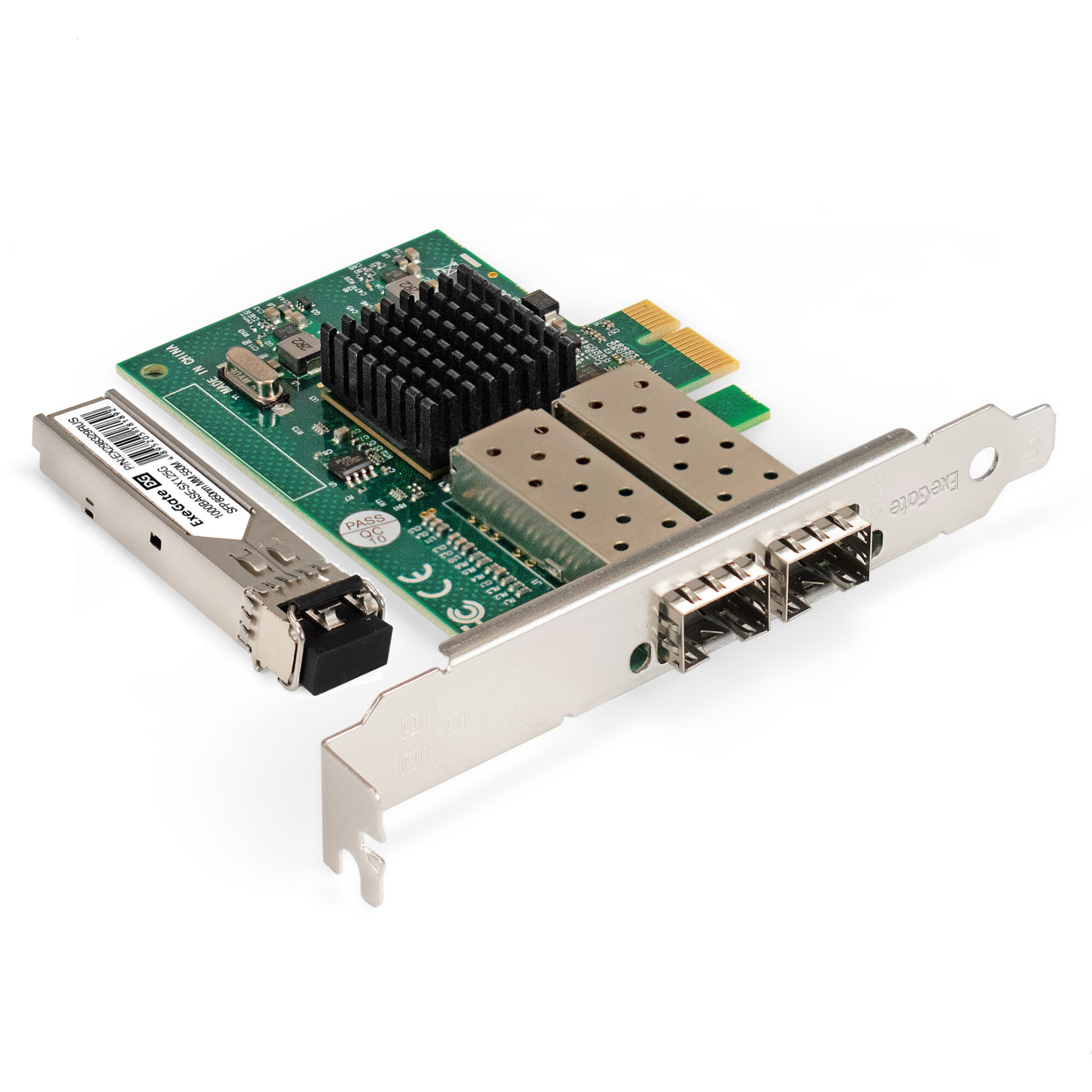 Комплект: Сетевой адаптер SFP ExeGate EXE-82576-F2+Трансивер Multi-Mode до550м ExeGate EXT-1G-MM850-LC2-550M(EX296229RUS: PCI-E x1 v2.0, порты 2x SFP, Gigabit Server NIC Intel Chipset 82576-F2+ EX298329RUS: Tx:850/Rx:850нм, разъем Duplex LC)EX298937RUS
