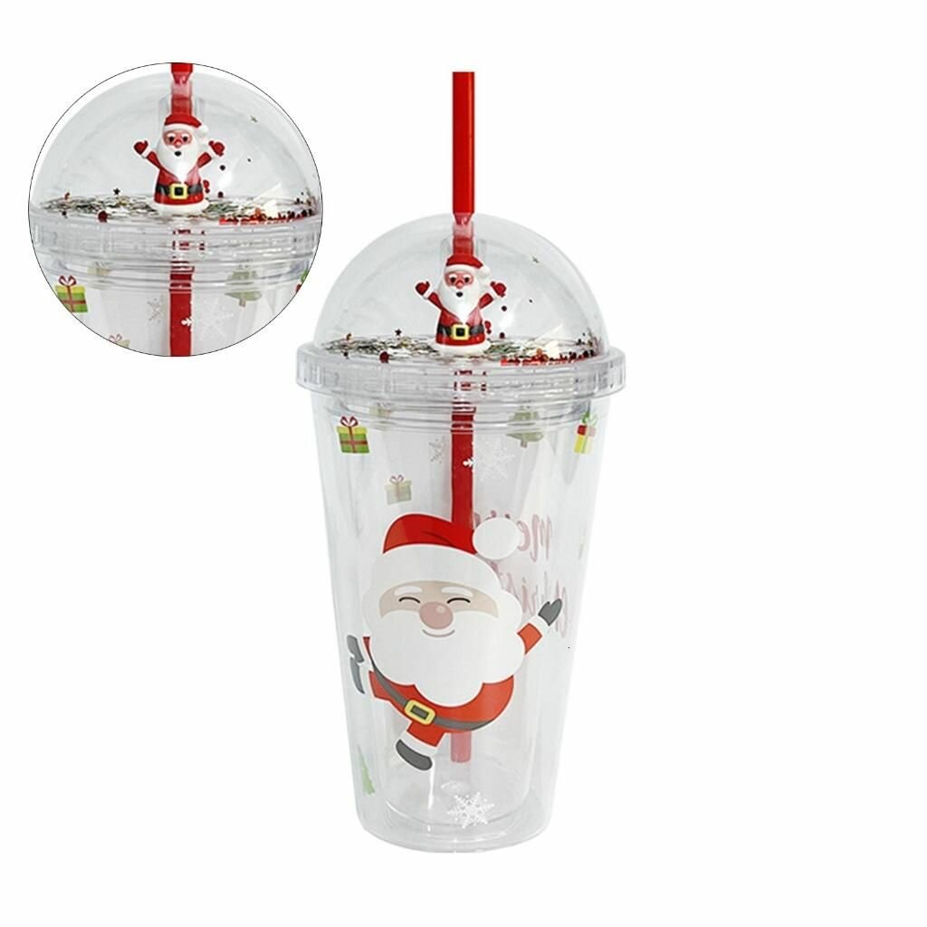 Двухслойная кружка с блестками 450 мл с трубочкой из пластика, - C