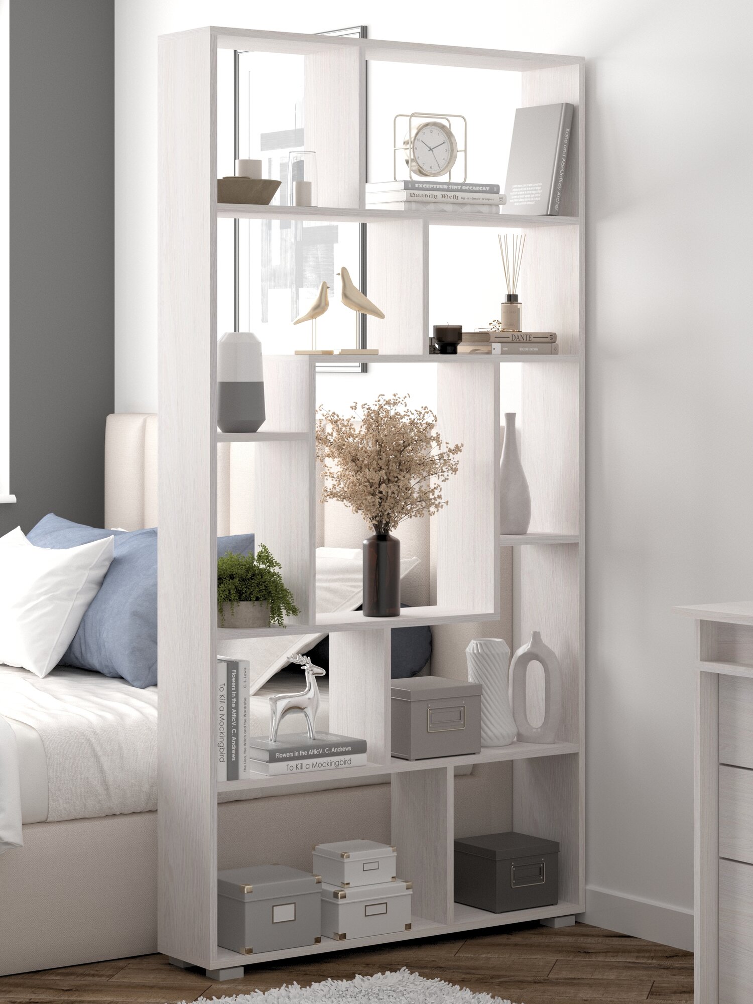 Есэндвич Лаворо-3 Стеллаж-перегородка 90х180х20 см (Анкор белый) с полками