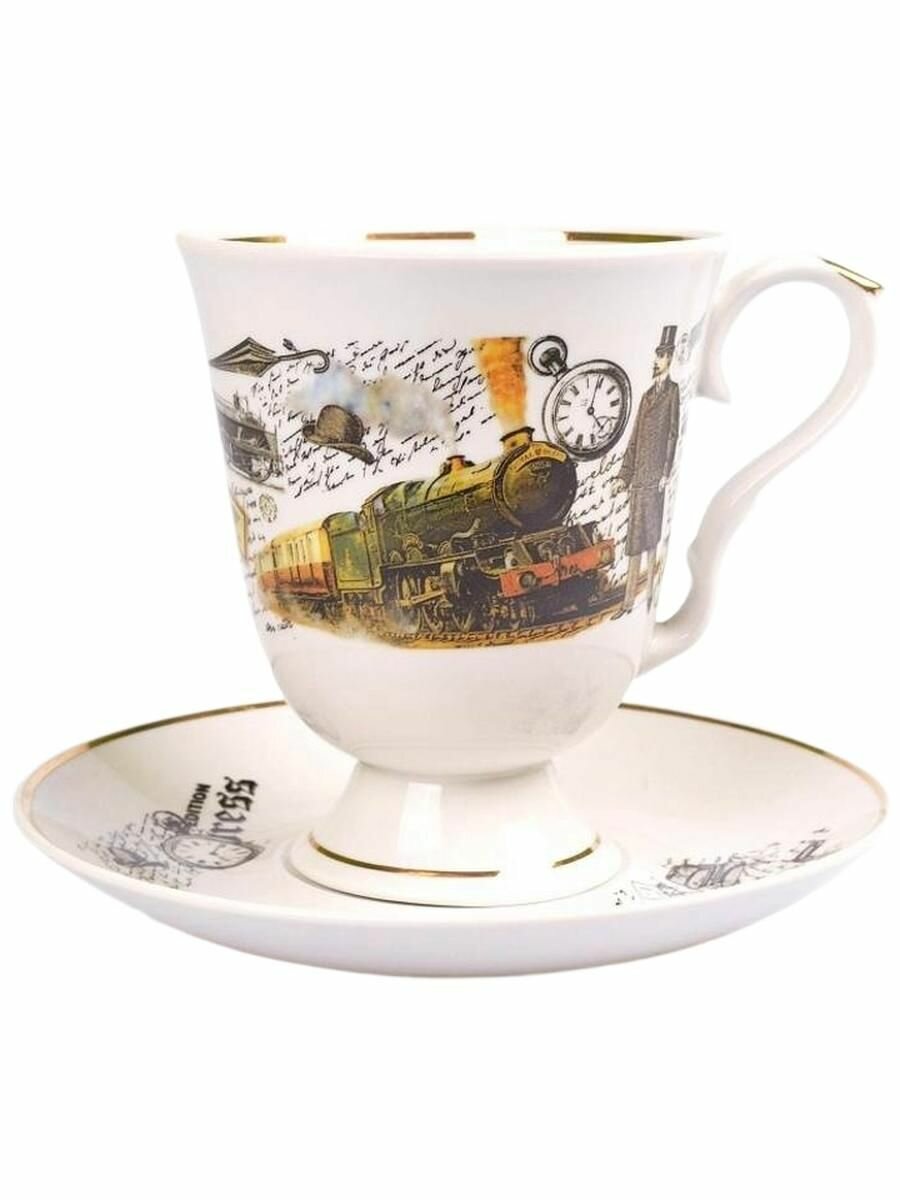 Фарфоровый бокал с блюдцем форма "Классический" рисунок "Джентльмены" Дулево