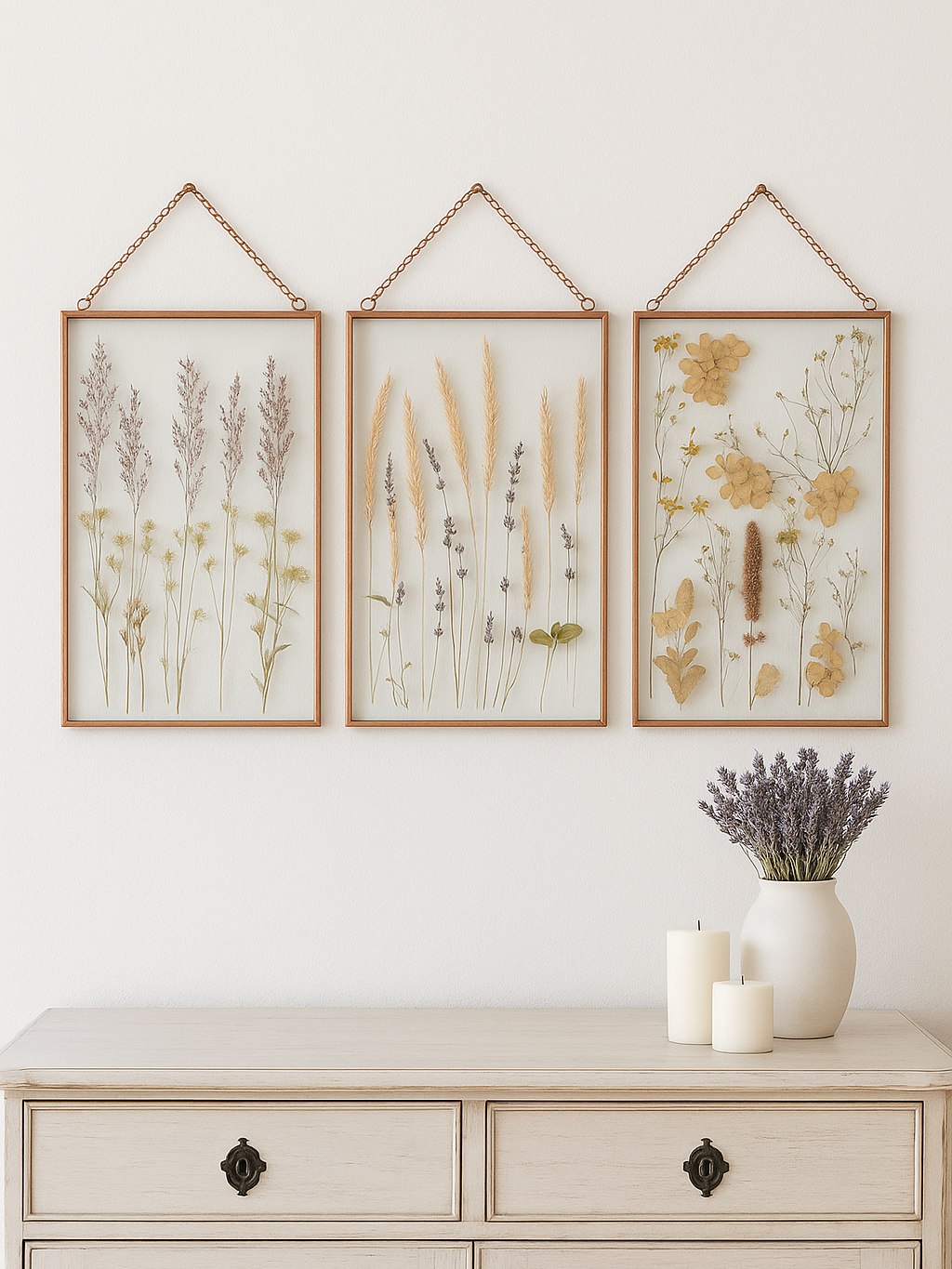 Набор панно с гербарием из сухоцветов в стекле — 3 штуки, настенный декор, ручная работа, эко-стиль
