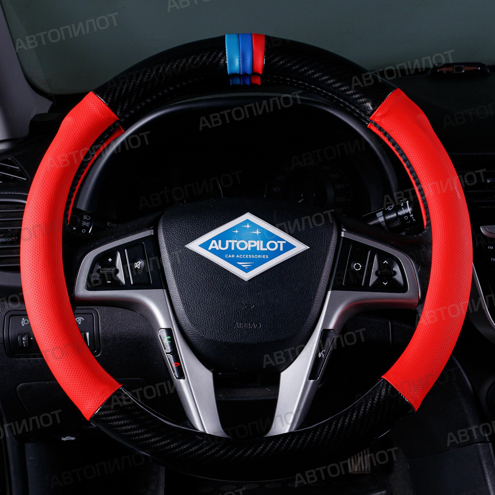 Оплетка на руль Renault / Рено Arkana, Duster, Kaptur, Logan, Megane и др, черный с красным, Чехол на руль 37 - 39 см