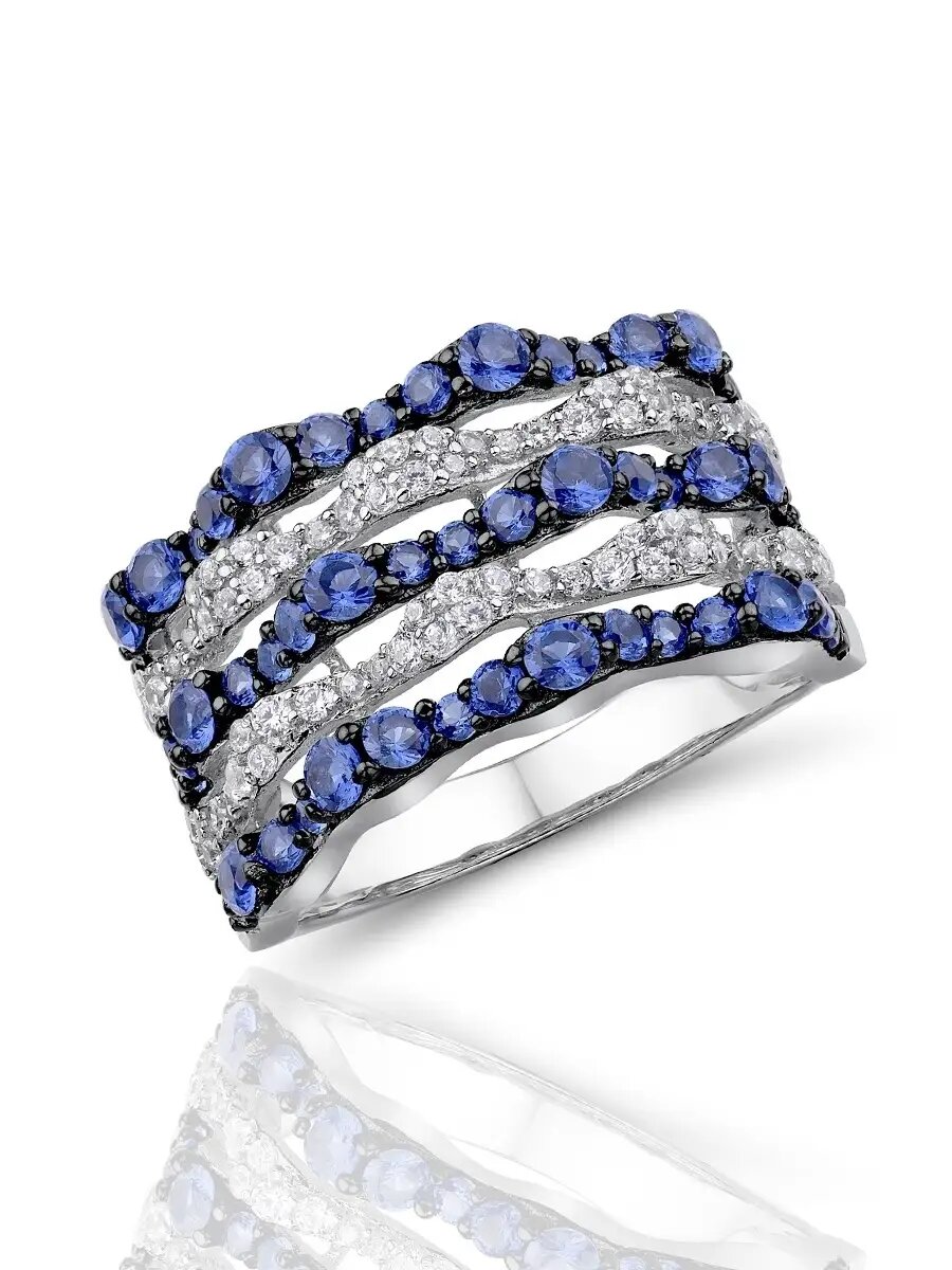 Кольцо широкое, серебро, 925 проба, сапфир синтетический, фианит