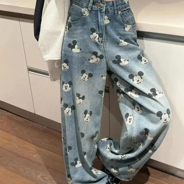 Новые симпатичные женские джинсы с Микки Маусом в стиле ретро Диснея, свободные стильные брюки прямого кроя больших размеров, Размер: S-(80-95Кэтти)