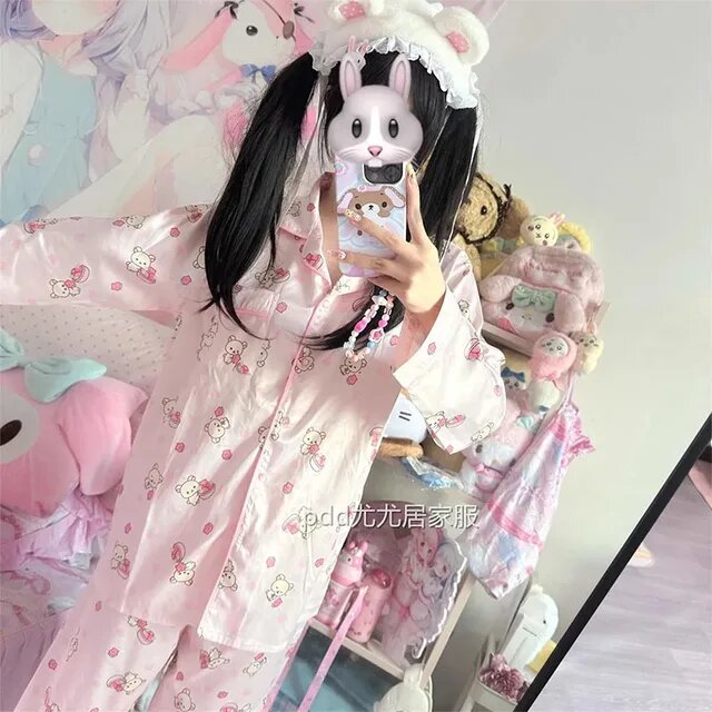 Пижама Kawaii Rilakkuma для женщин, весна-осень, длинные рукава, брюки из натурального шелка, милый мультяшный комплект домашней одежды для девочек 2000 года, подарки на день рождения, Размер: L (45-55 кг)