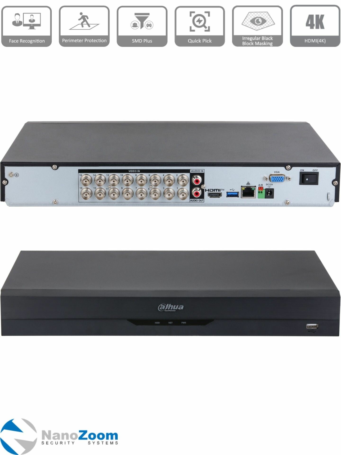 Dahua DH-XVR5216AN-5M-I3 - 16 канальный видеорегистратор для видеонаблюдения HDCVI, XVR-регистратор гибридный 5M-N/4M-N/1080p/720p 2HDD DVR, SMD Plus H.265+/H.265, поддержка HDCVI, AHD, TVI, CVBS, IP