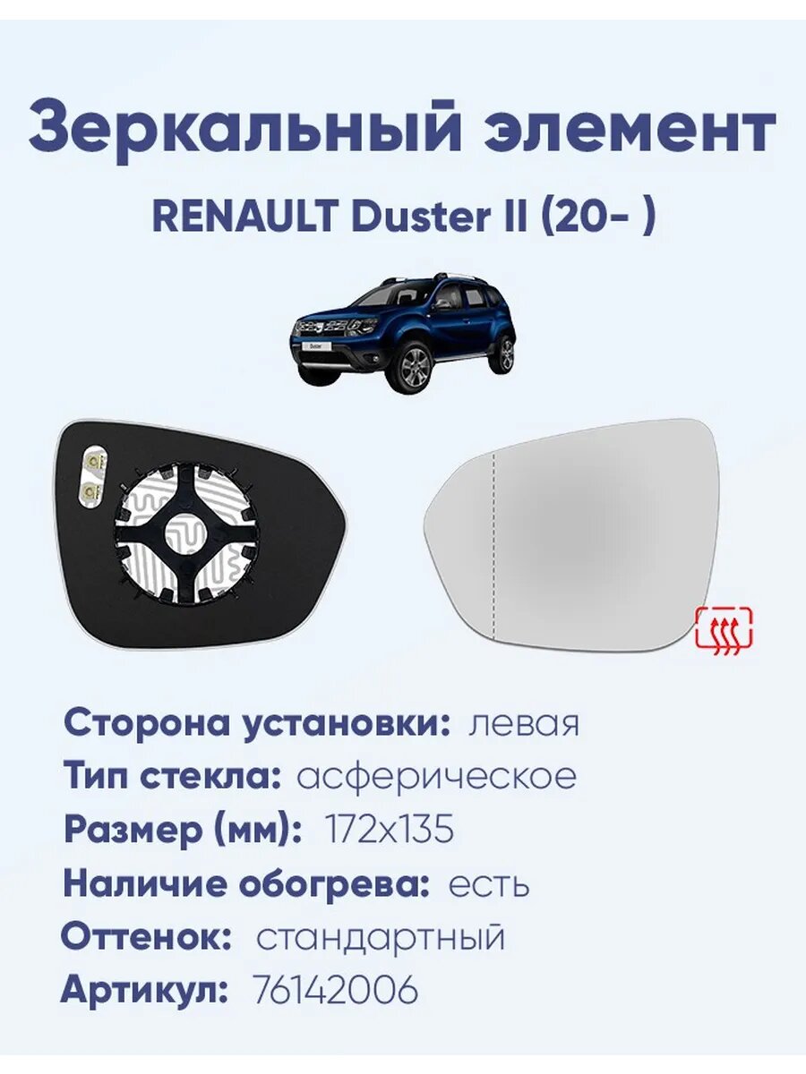 Зеркальный элемент левый RENAULT Duster II (20- ) асферика нейтральный с обогревом