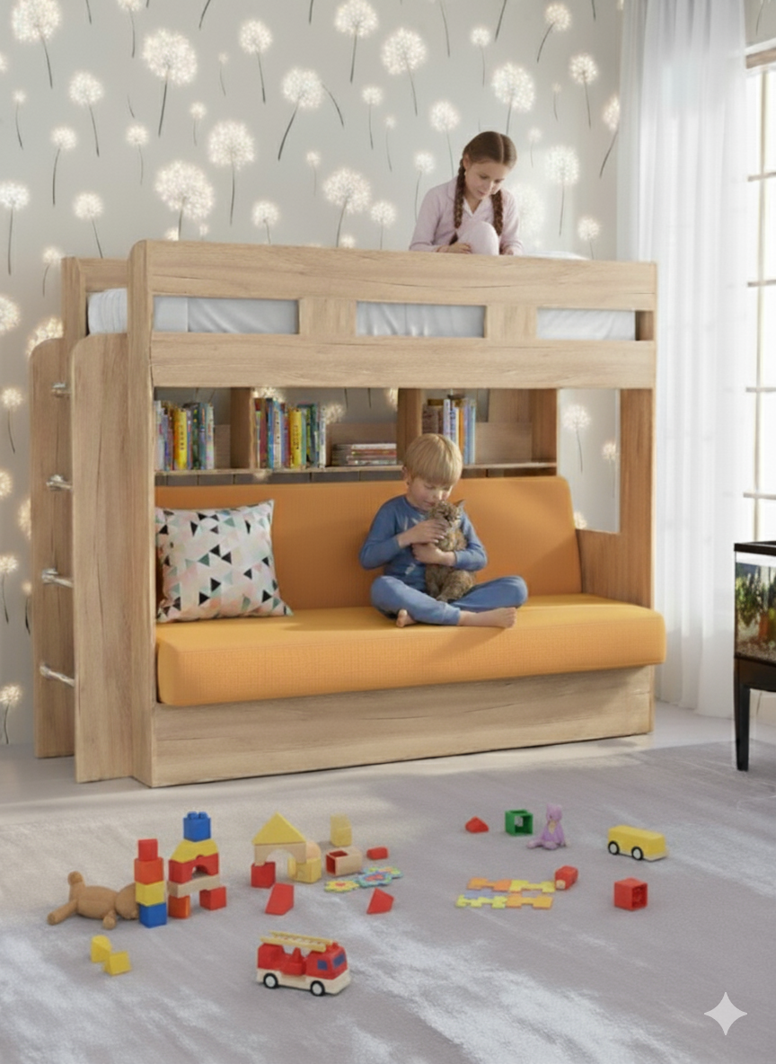 Двухъярусная кровать с диваном, ЛДСП, велюровая обивка, цвет дуб крафт золотой/горчичный