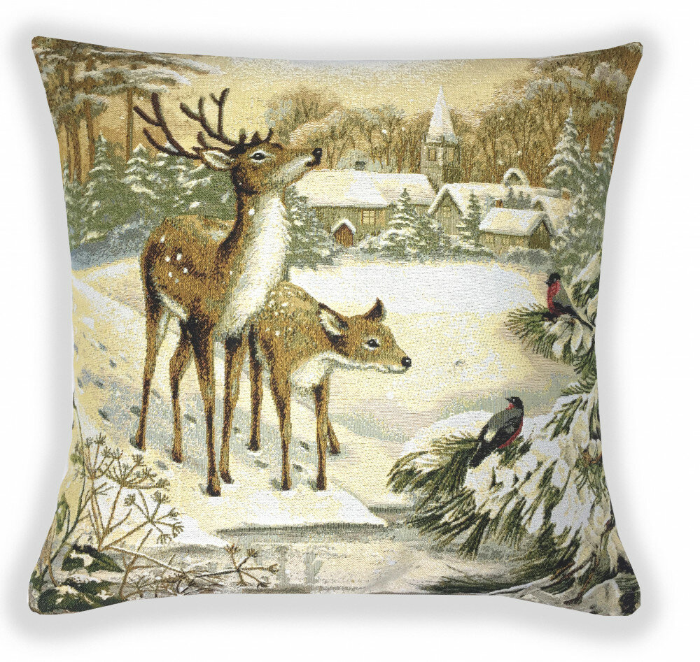 Наволочка Декоративная Гобеленовая 45х45 "Встреча Снегири и олени" на молнии, для Интерьера