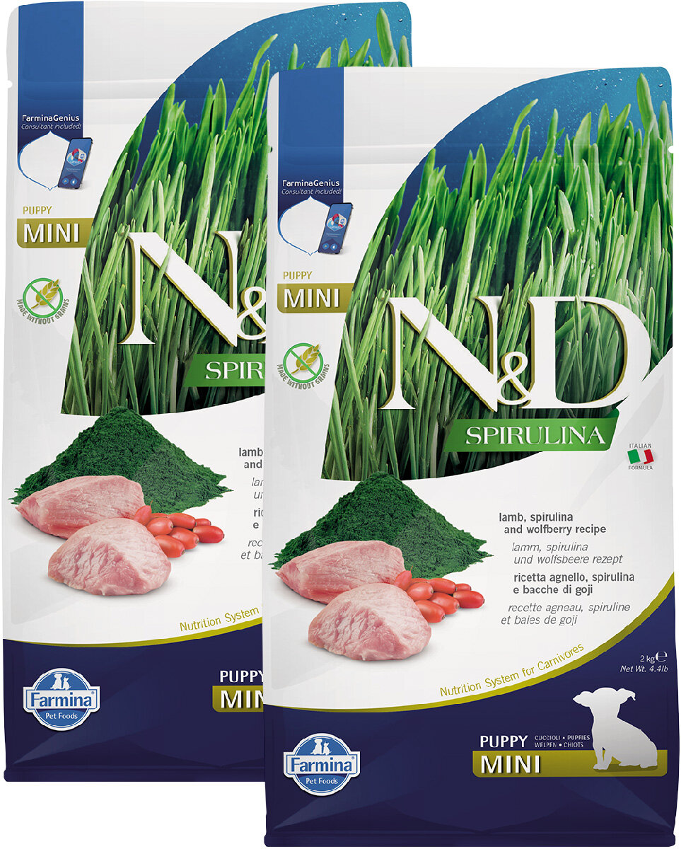 Корм сухой Farmina Dog N&D Grain Free Spirulina Puppy Mini Lamb & Wolfberry беззерновой для щенков маленьких пород, ягненок, ягоды годжи и спирулина, 2 + 2 кг
