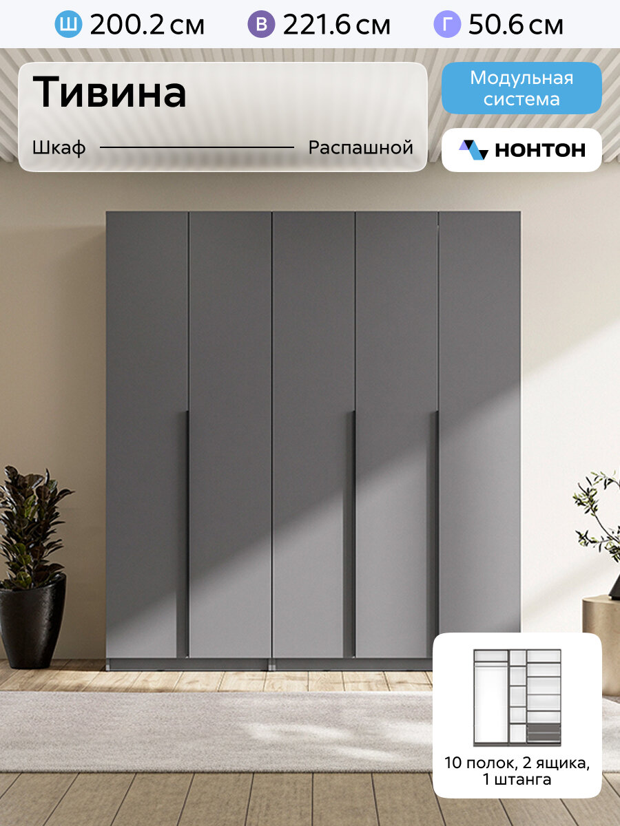 Комплект распашных шкафов для одежды Нонтон Тивина, 2 шт, 200 см, 10 полок, 1 штанга, 2 ящика, графит серый