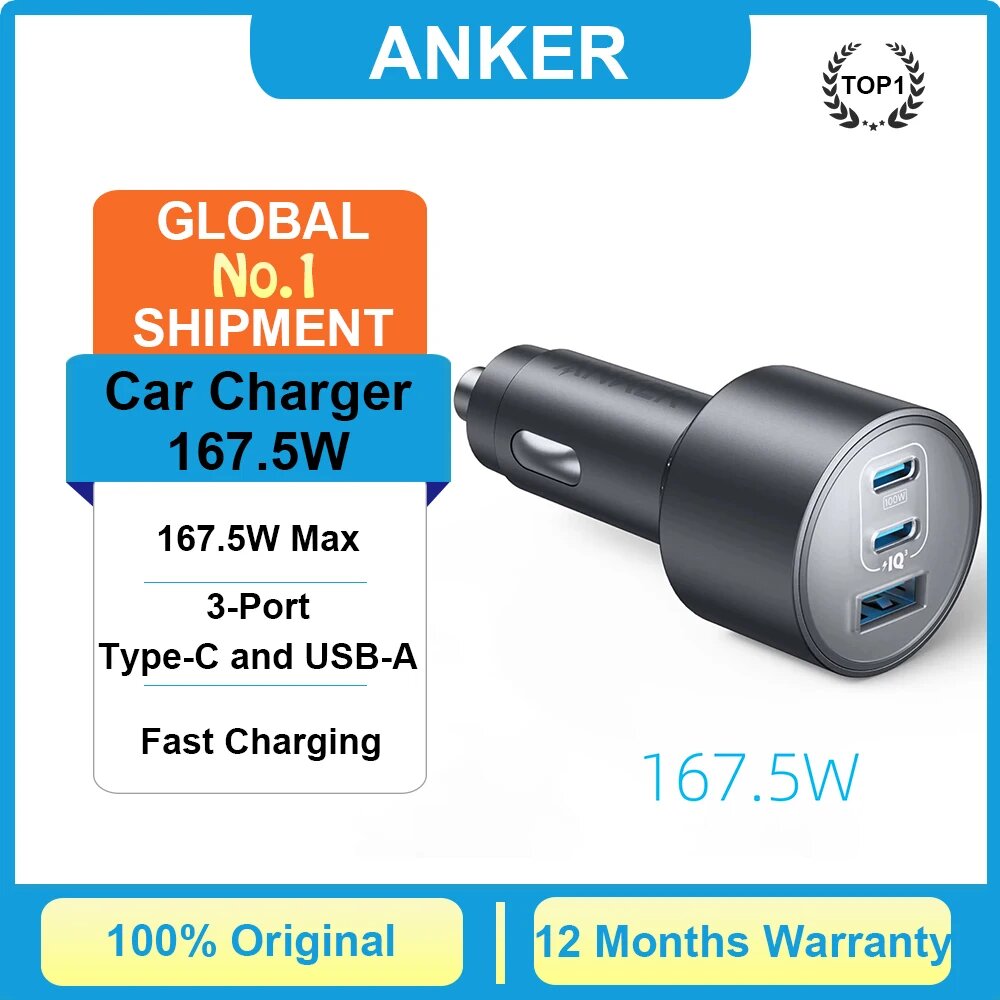 Оригинальное автомобильное зарядное устройство Anker 167,5 Вт Max USB-C, 3-портовая быстрая зарядка Type-C и USB-A, для MacBook Pro/Air, iPhone, Samsung