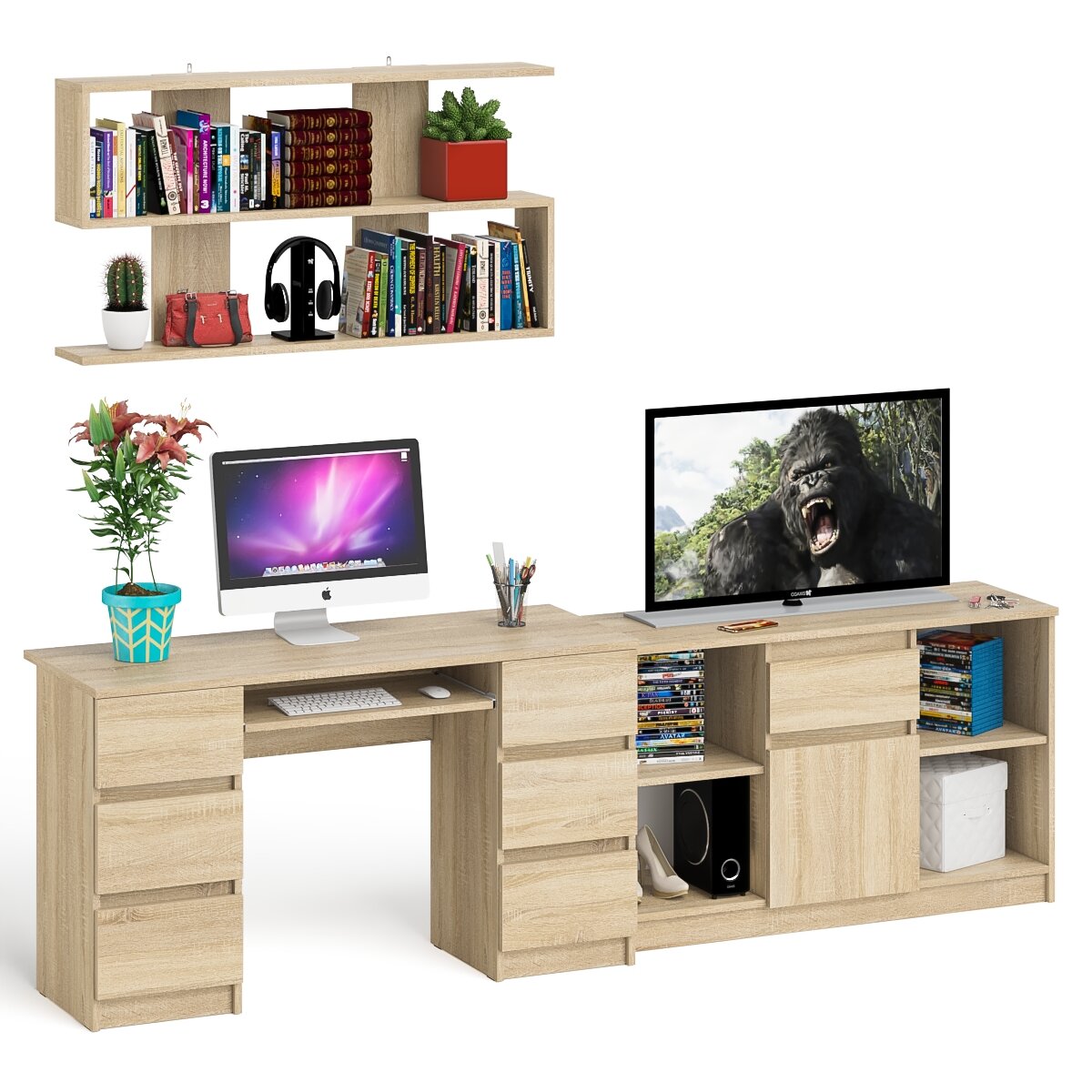 Стол письменный двухтумбовый Мори МС-2 с навесной полкой и тумбой под ТВ, дуб сонома, 255,8х50х209,6 см.