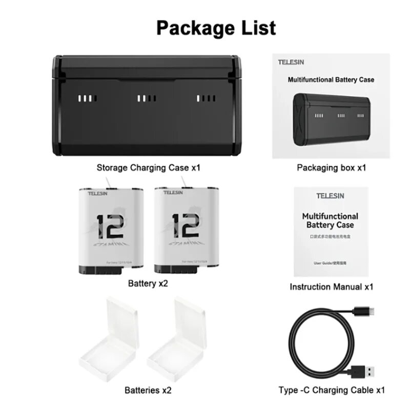 TELESIN Батарея Endurance для GoPro Hero 12 11 10 9 1750 мАч 1 C and 2 B
