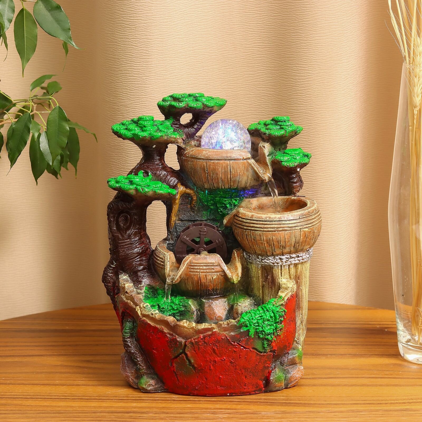 Фонтан настольный Бочки под деревом с мельницей на камнях , 25 15 см, с подсветкой