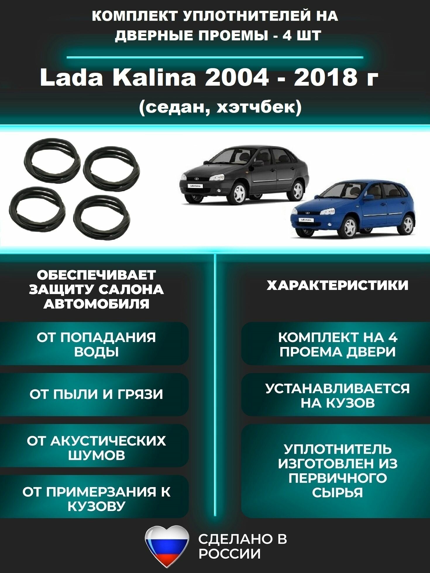 Комплект уплотнителей на проемы дверей для LADA Kalina, Cross, Sport / Калина, стыкованный на 1119, 1118, 11183