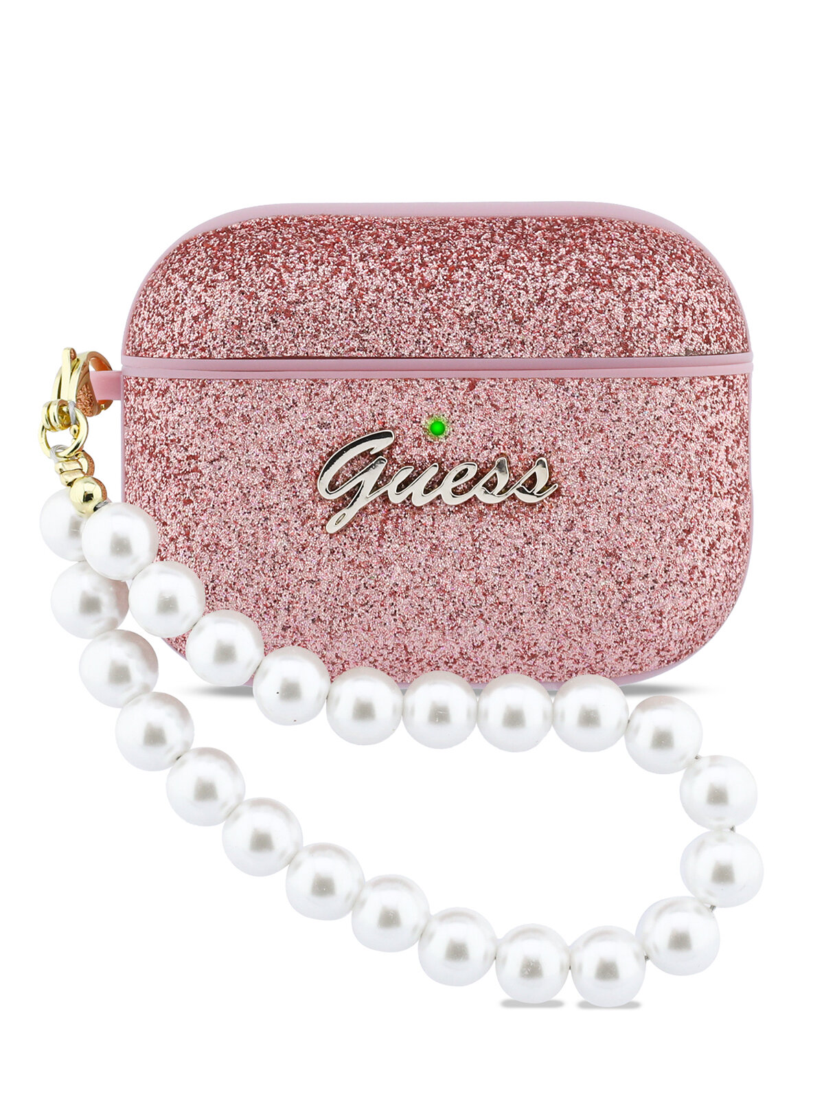 Чехол Guess для Airpods Pro 3, с блестками Glitter flakes, со шнурком на руку, розовый
