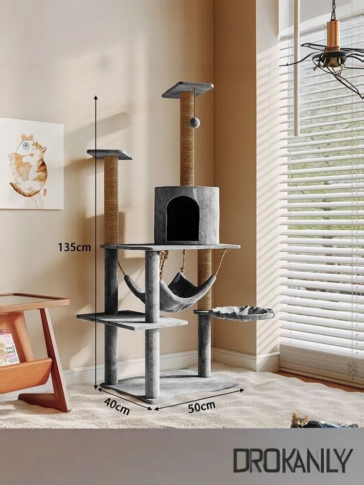 Многоуровневый игровой комплекс для кошек, когтеточка с домиком и лежанкой, компактный, из сизаля и дерева игровой комплекс для кошек