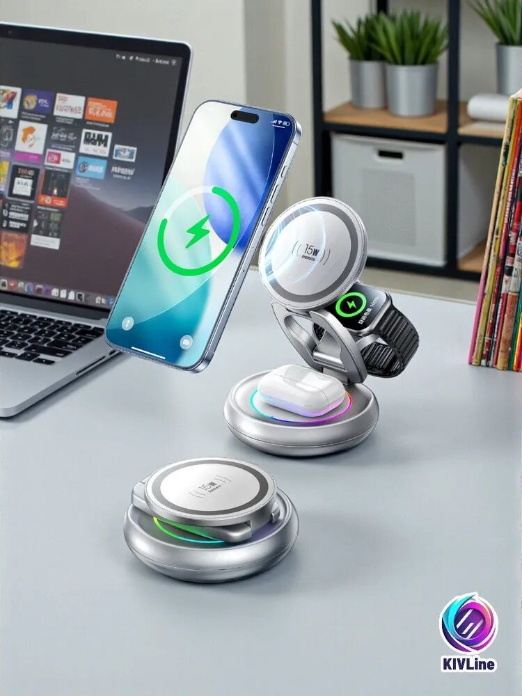 Беспроводная зарядка 3в1 MagSafe / Док станция 3в1 для iPhone от Remax CW05 (складная)
