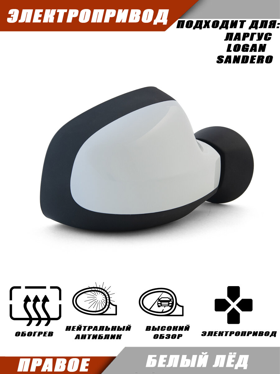 Зеркало на Лада Ларгус правое электропривод, обогрев, цвет Белый лёд 369. 963023520R 963017247R Solina