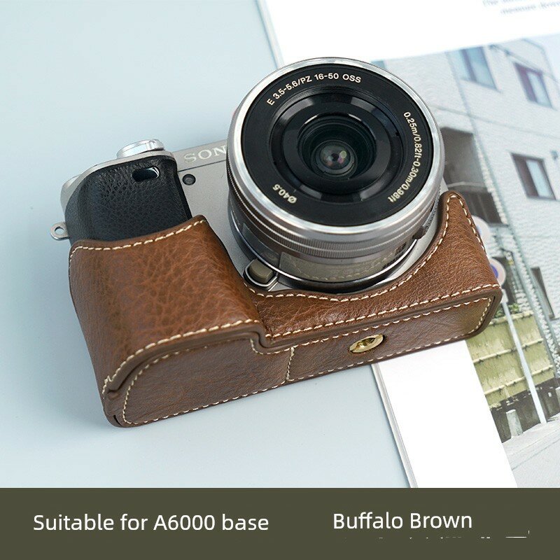 Совместимый чехол для камер Sony A6000/A6100/A6300/A6400 в бежевом цвете с водяной бычья текстурой, одинарная подставка
