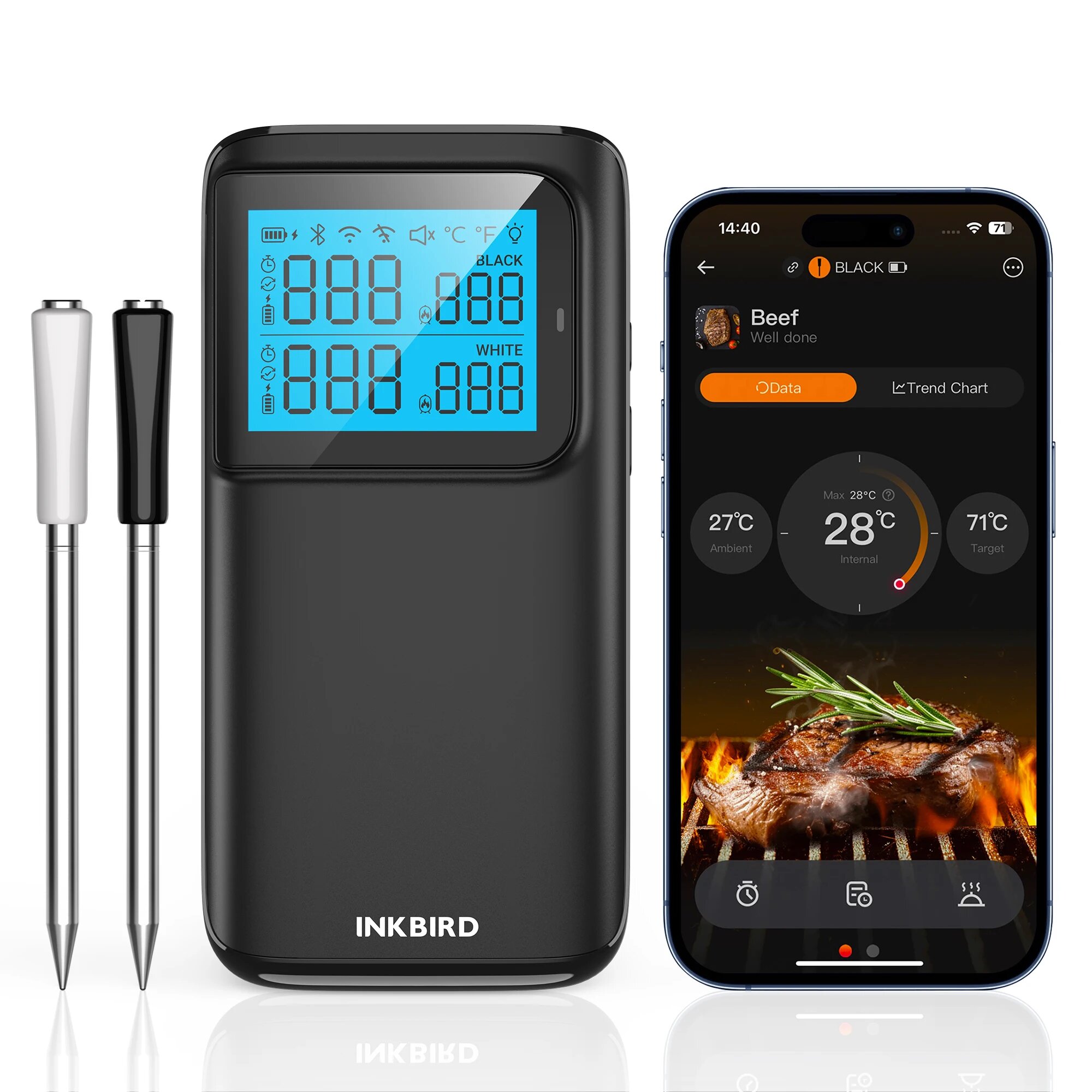 INKBIRD INT-12E-BW Беспроводной термометр для мяса, Wi-Fi 5G и Bluetooth 5,4, 5 датчиков, батарея 25 часов, IP67, сертифицированный CNAS для гриля/духовки