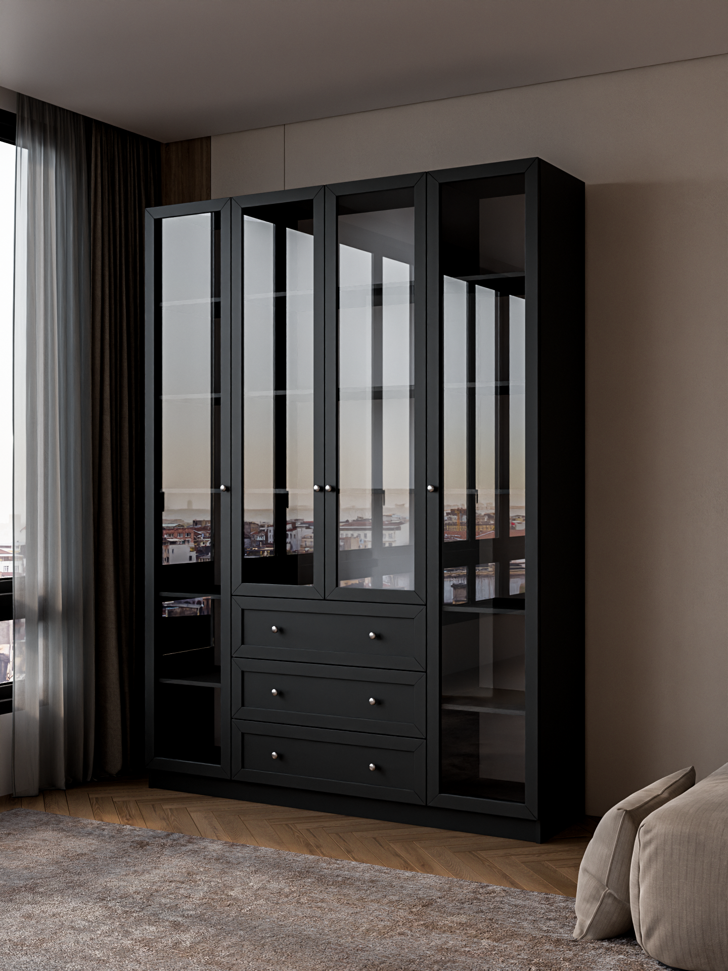 Шкаф распашной Фрея| Корпус ЛДСП Антрацит| Фасад Рамка Антрацит | Стекло прозрачное