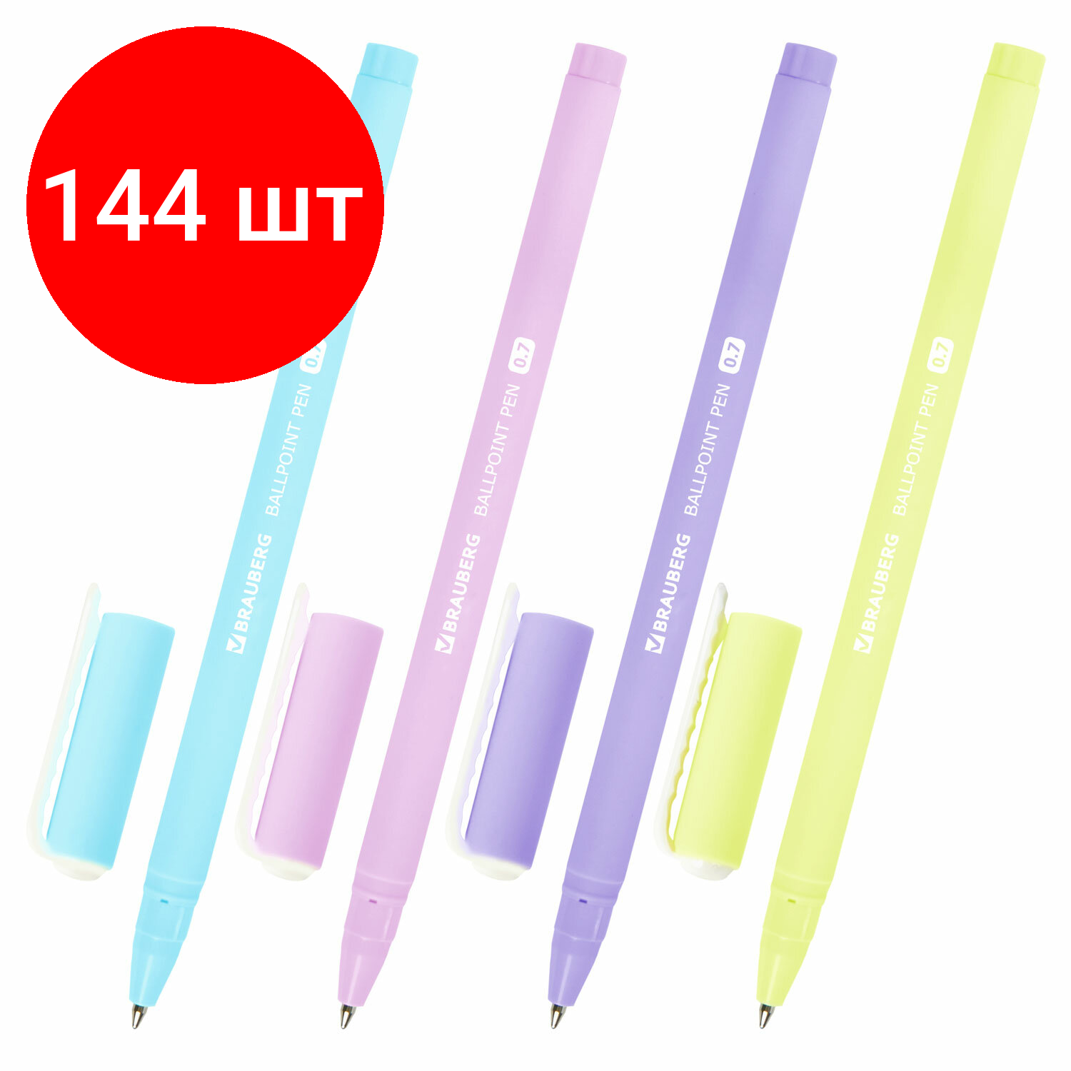 Комплект 144 шт, Ручка шариковая BRAUBERG SOFT TOUCH STICK "PASTEL" синяя, мягкое покрытие, корпус ассорти, узел 0.7 мм, 143698