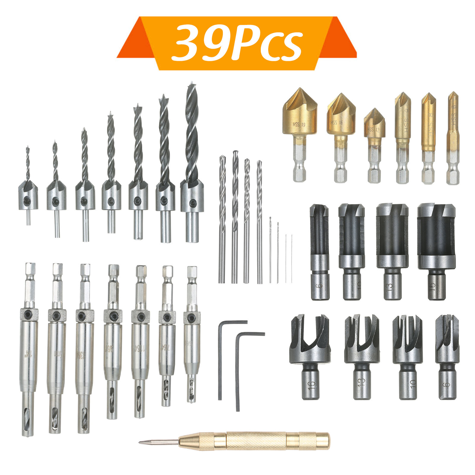39-компонентный набор инструментов для деревообработки и фаски: 8 резцов для деревянных пробок, 6 сверл countersink 1/4 дюйма hex 5 flute 90 градусов, 7 сверл-кореров, 7 трехточечных countersink, 8 спиральных сверл, 2 гаечных ключа L-образных,