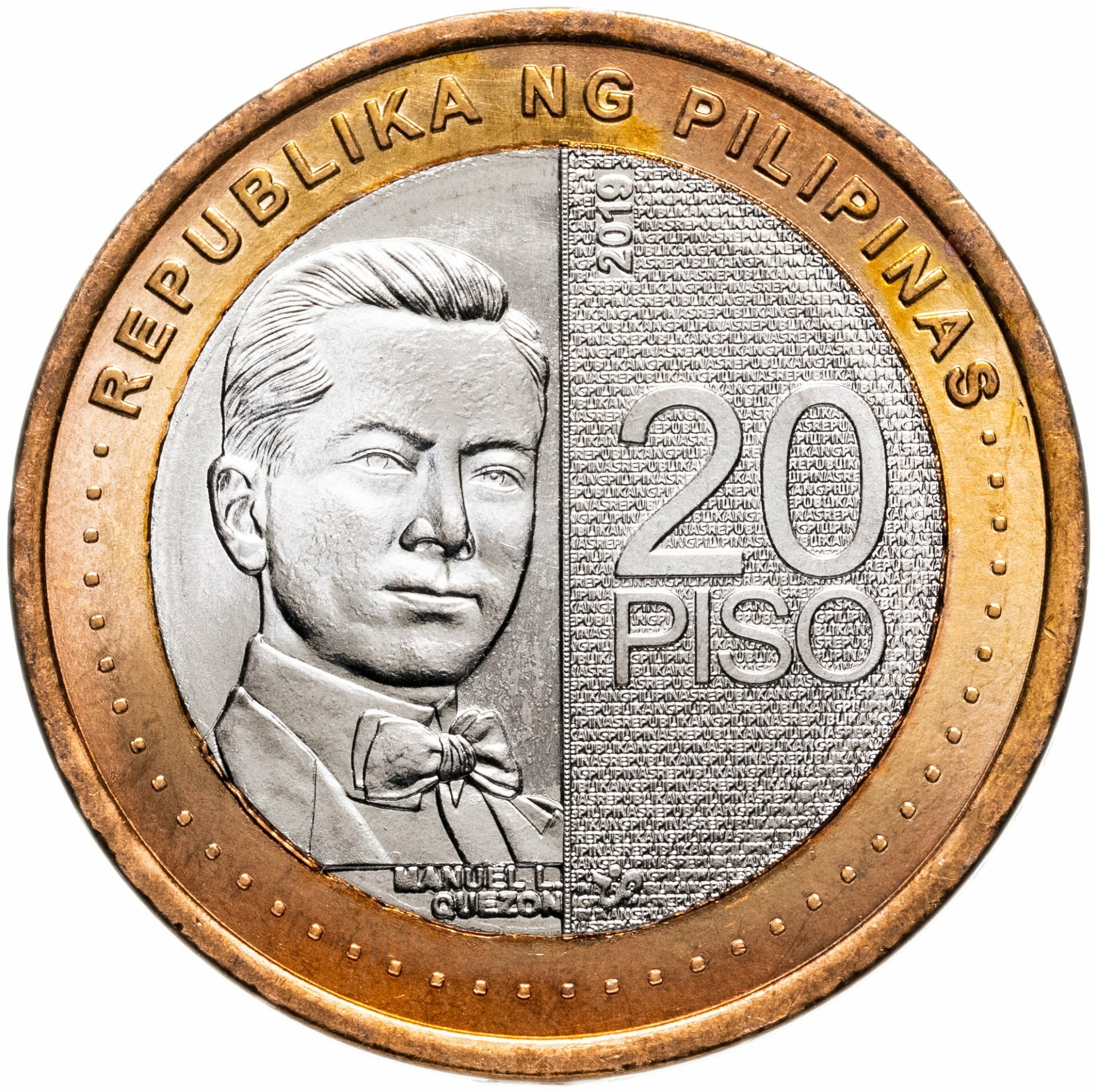 Филиппины 20 песо писо 2019 "Мануэль Кесон", Биметалл, в сохранности UNC