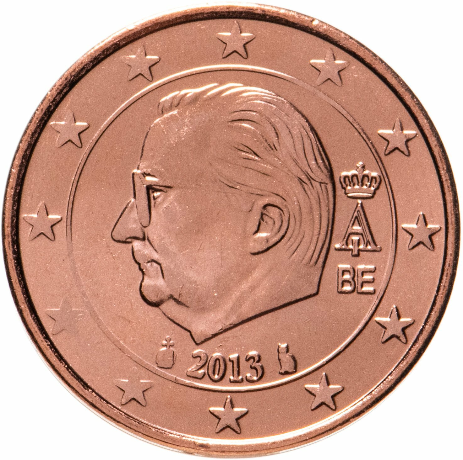 Бельгия 2 евроцента cents 2013 король Альберт II тип 2, Сталь, в сохранности UNC