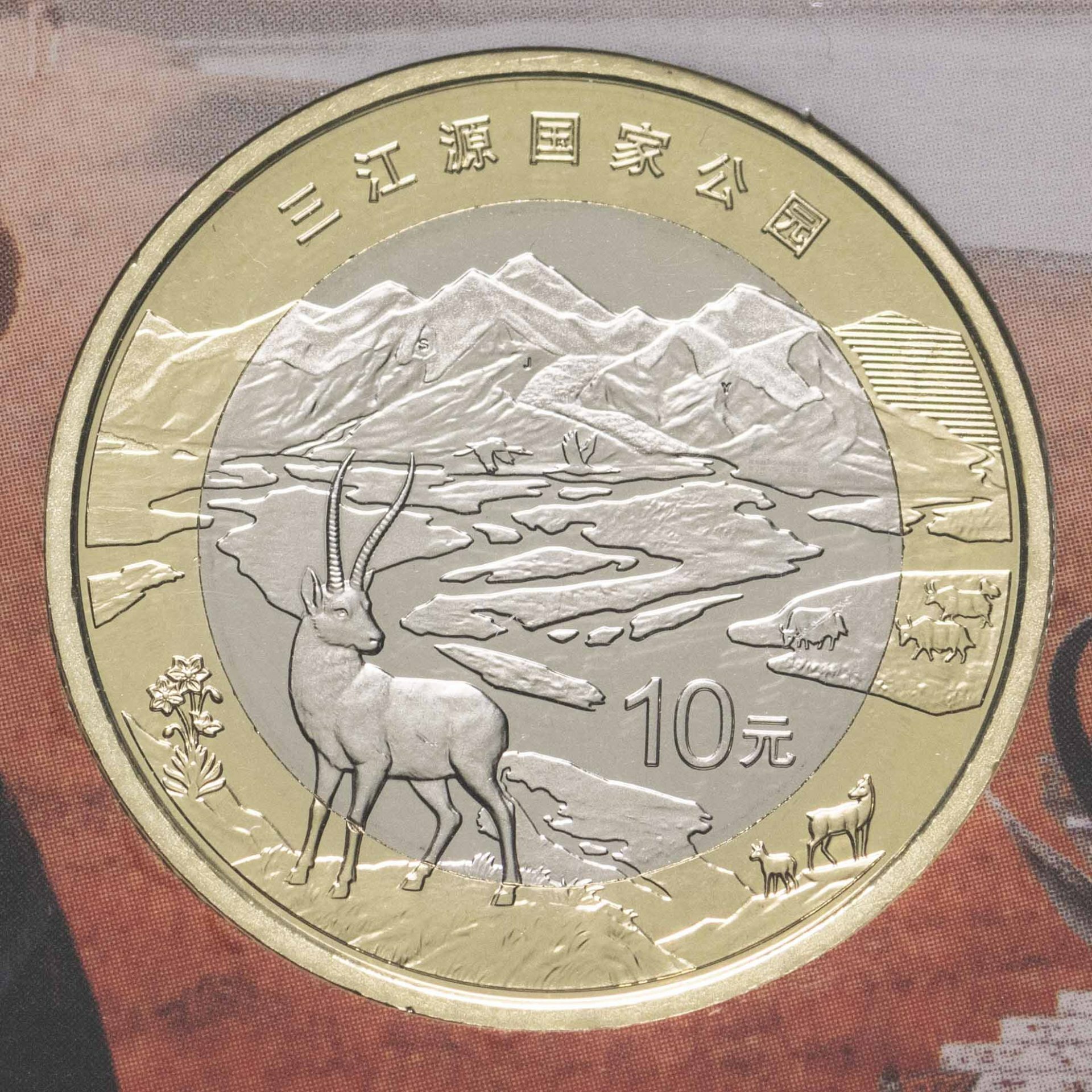 Китай 10 юаней yuan 2023 "Национальный парк СаньцзянъюаньТибетская Антилопа" в слабе, Биметалл, в сохранности UNC
