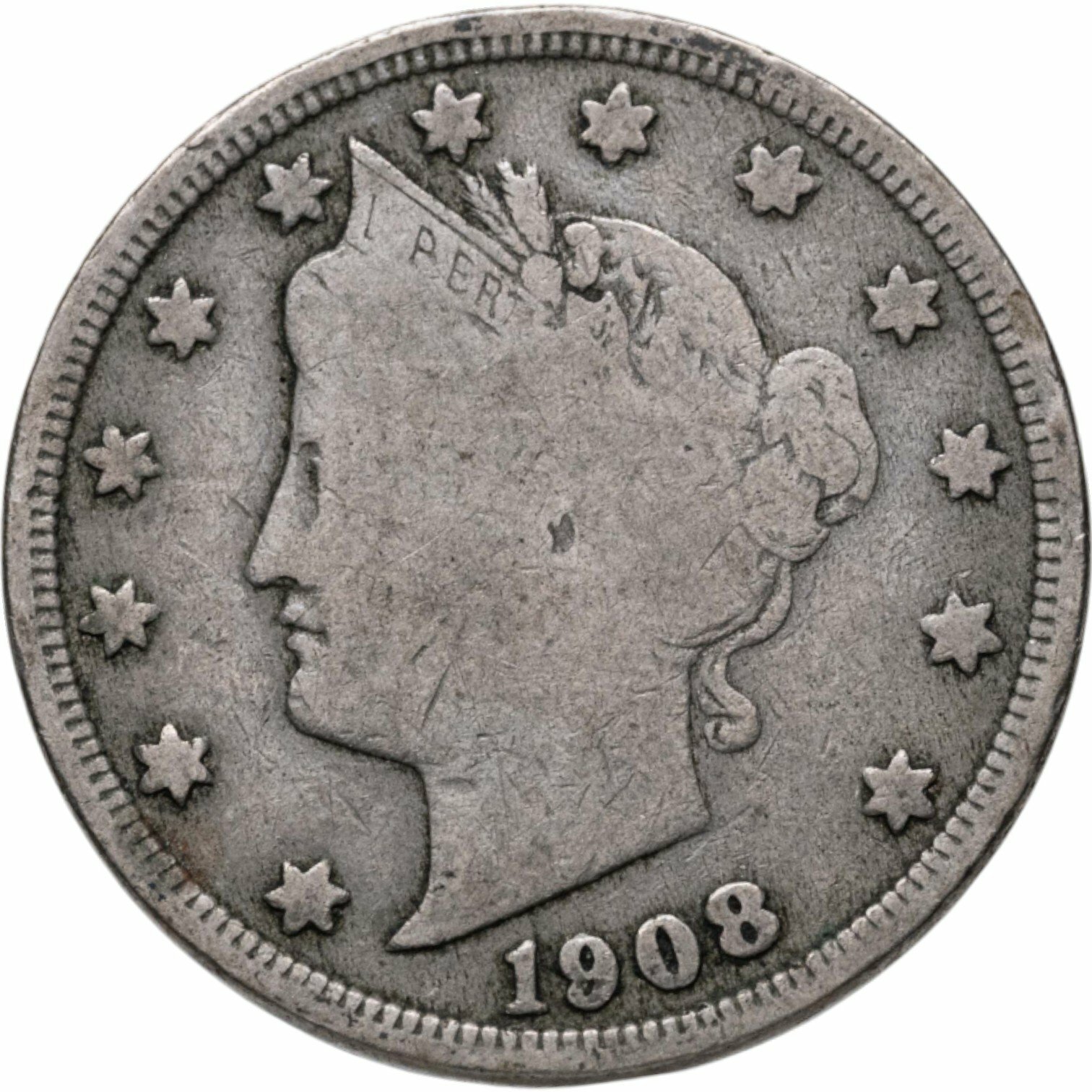 США 5 центов cents 1908 Liberty Nickel, Мельхиор медь-никель, в сохранности F-VF