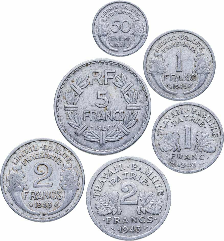 Франция набор монет для обращения старый франк 1941-1959 6 штук, Алюминий, в сохранности VF-XF