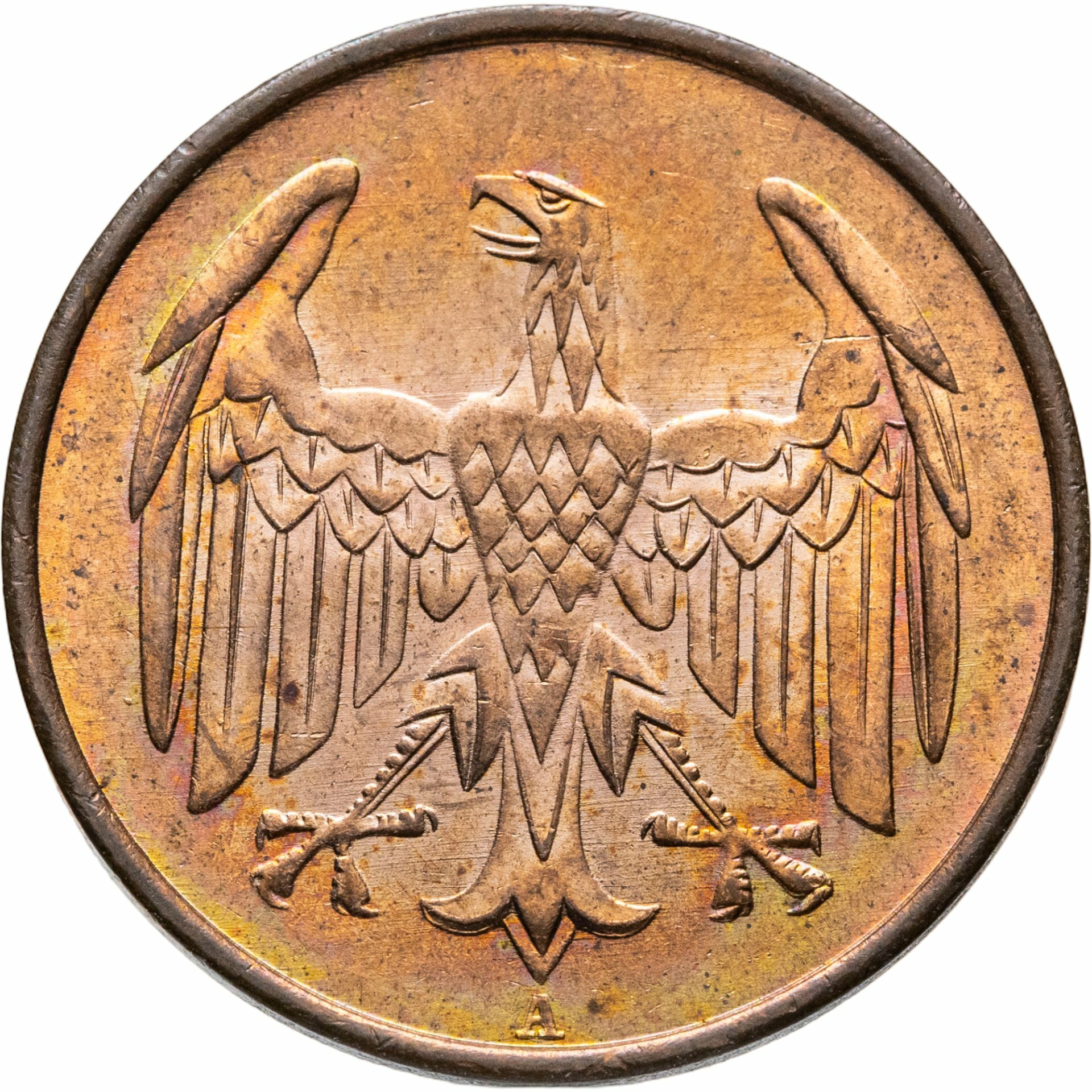 Германия 4 рейхспфеннига reichspfennig 1932, знак монетного двора "A" — Берлин, Бронза, в сохранности AU-UNC