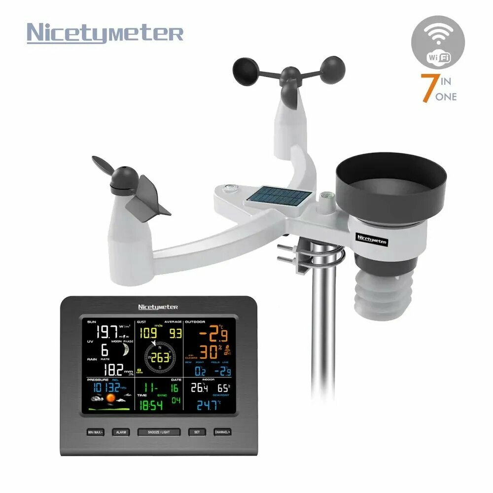 NicetyMeter FT0360-025T Высокоточная метеостанция WIFI, С данными о скорости и направлении ветра, температуре и влажности, осадках, ультрафиолетовом излучении, прогнозе погоды на 48 часов.