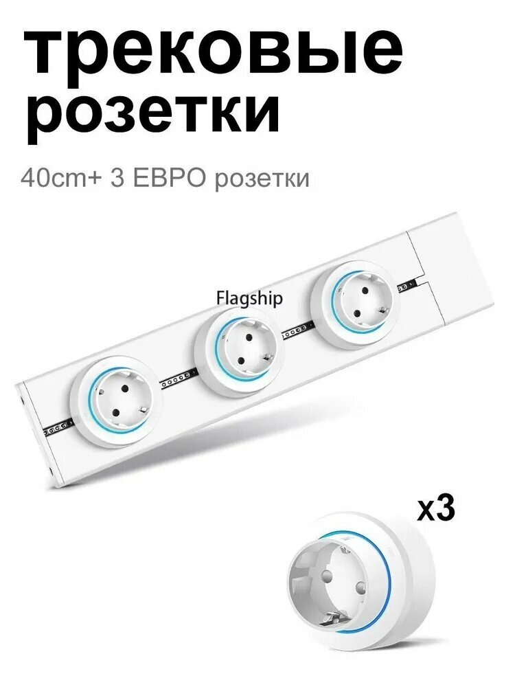 Трековая система розеток, накладная металлическая шина 40 см + 3 евро розетки, белый.