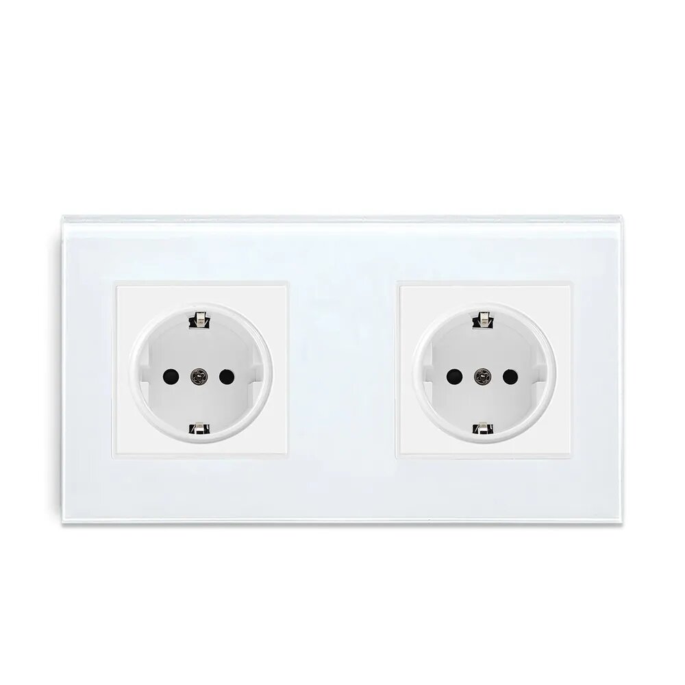 Розетка электрическая с заземлением, Панель закаленное стекло, 16A 3.5 кВт, двойная белая