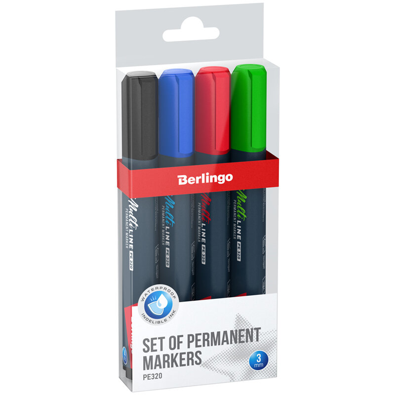 6 шт. Набор перманентных маркеров Berlingo "MultiLine PE320" 04цв, пулевидный, трехгранный, 3,0мм