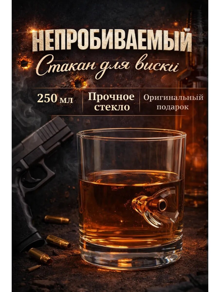 Стакан стеклянный "Непробиваемый", 250 мл, с пулей, для виски, на подарок