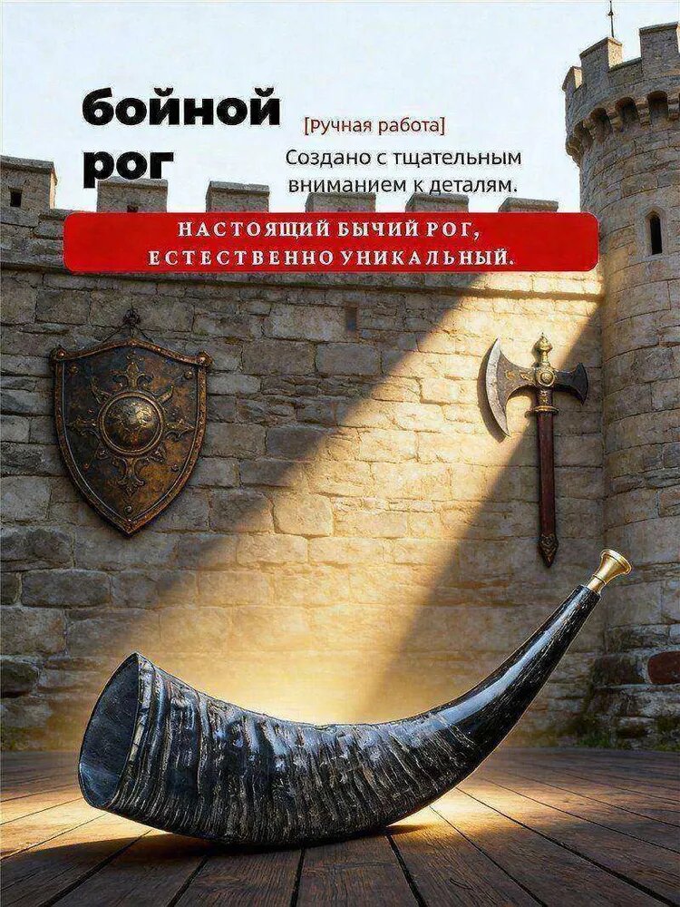 Боевой горн из черного буйволиного рога с медным мундштуком (40-50cm)