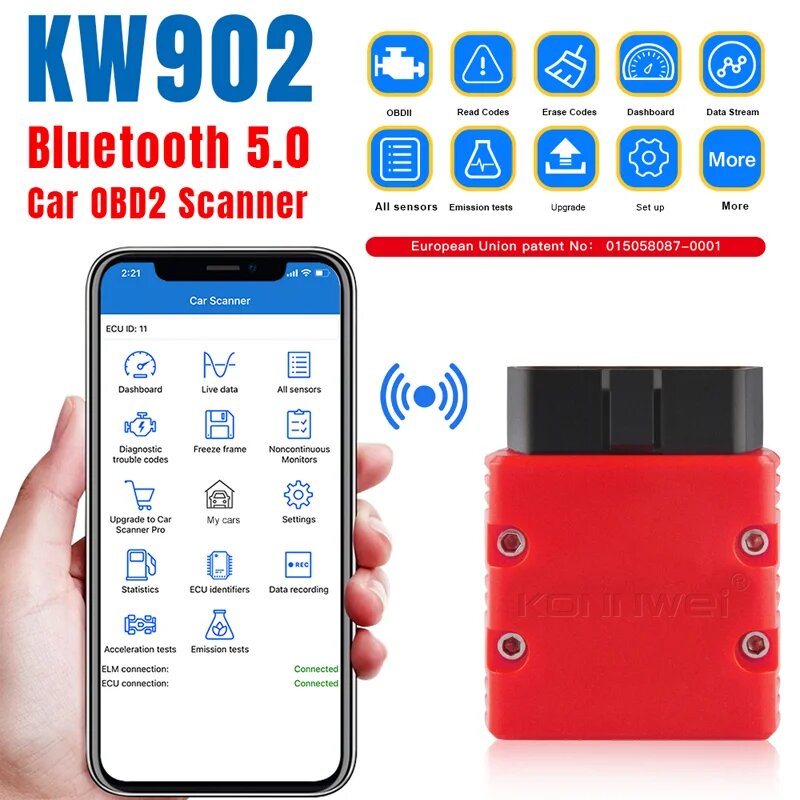 Автосканер KONNWEI KW902 ELM327 v1.5 OBD2, диагностический инструмент для автомобилей, KW902 Red