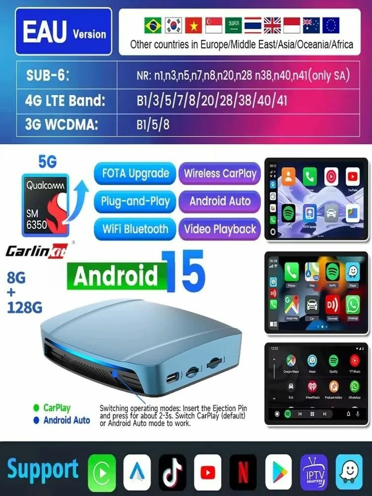 Коробка CarPlay Carlinkit Tbox Ultra-5G Android 15 8GB/128GB с USB-A и Type-C для оригинального проводного CarPlay