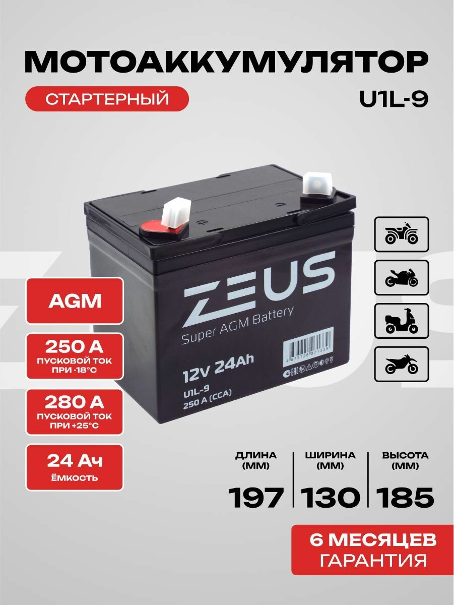 Мото Аккумулятор для садовой техники ZEUS SUPER AGM U1L-9 (12V/24Ah) (U1L-9) Прямая полярность