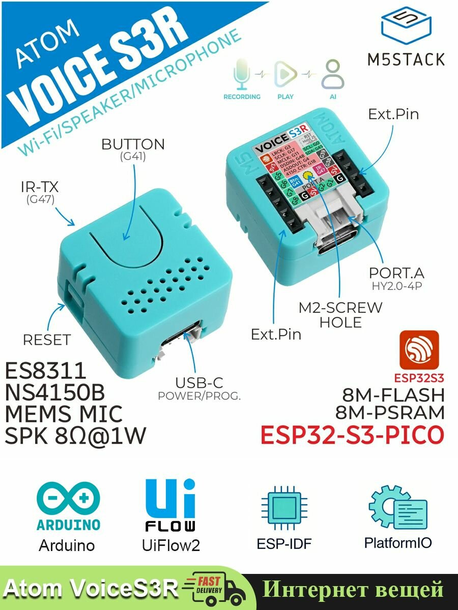 M5Stack ATOM Echo S3R программируемая плата разработчика для голосового управления в Интернете вещей, подходящая для голосового управления Home Assistant