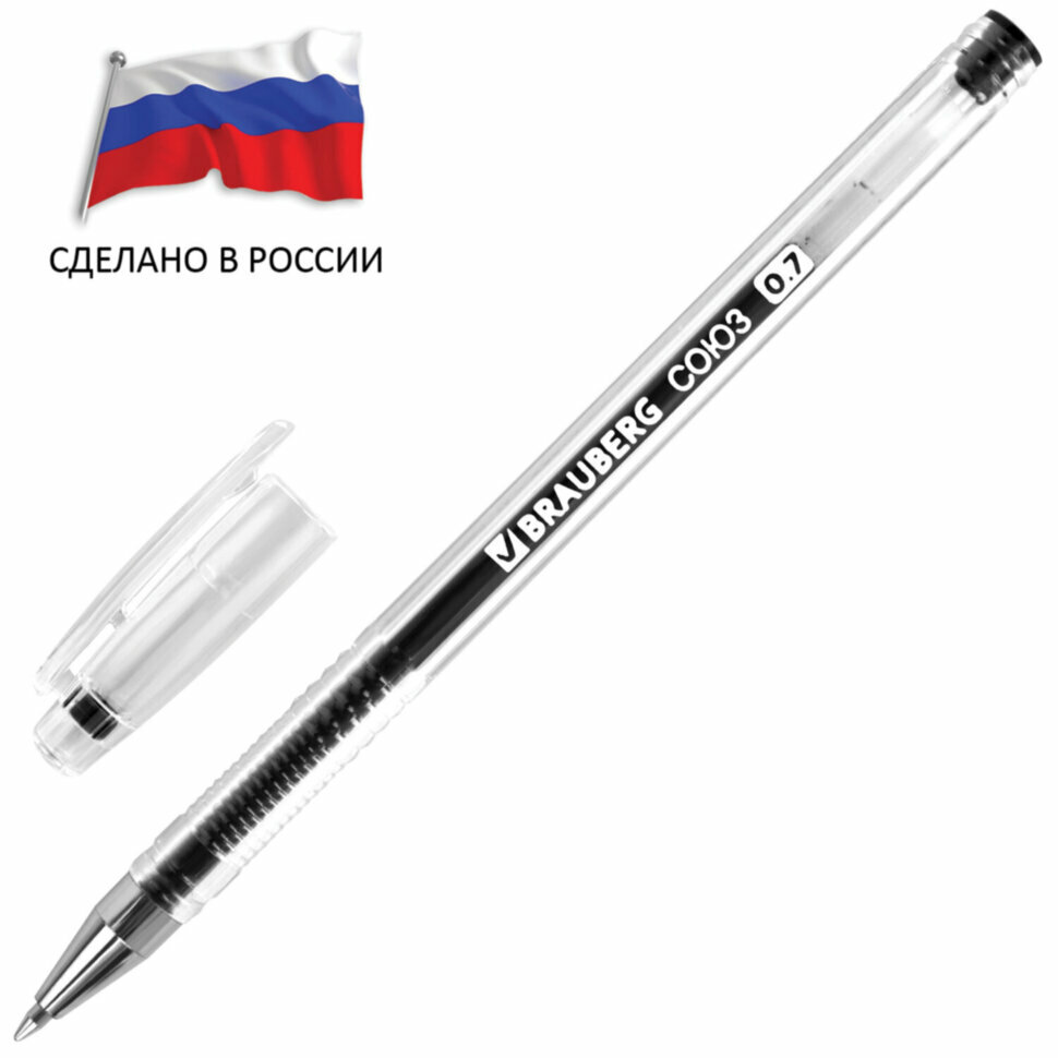 Ручка гелевая россия "СОЮЗ", черная, корпус прозрачный, 0,7 мм, линия письма 0,5 мм, BRAUBERG, 143963, 36 штук, 143963