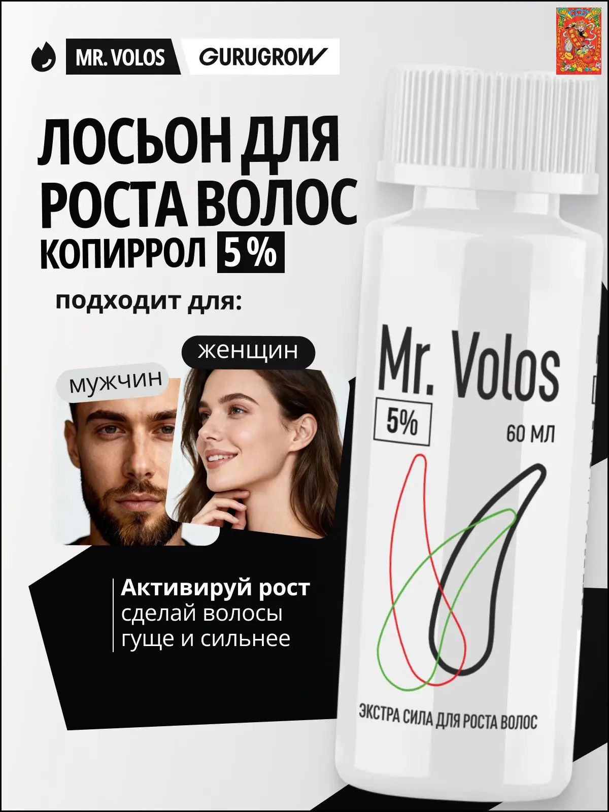 Лосьон для роста волос и бороды, От выпадения 5%,1 флакон