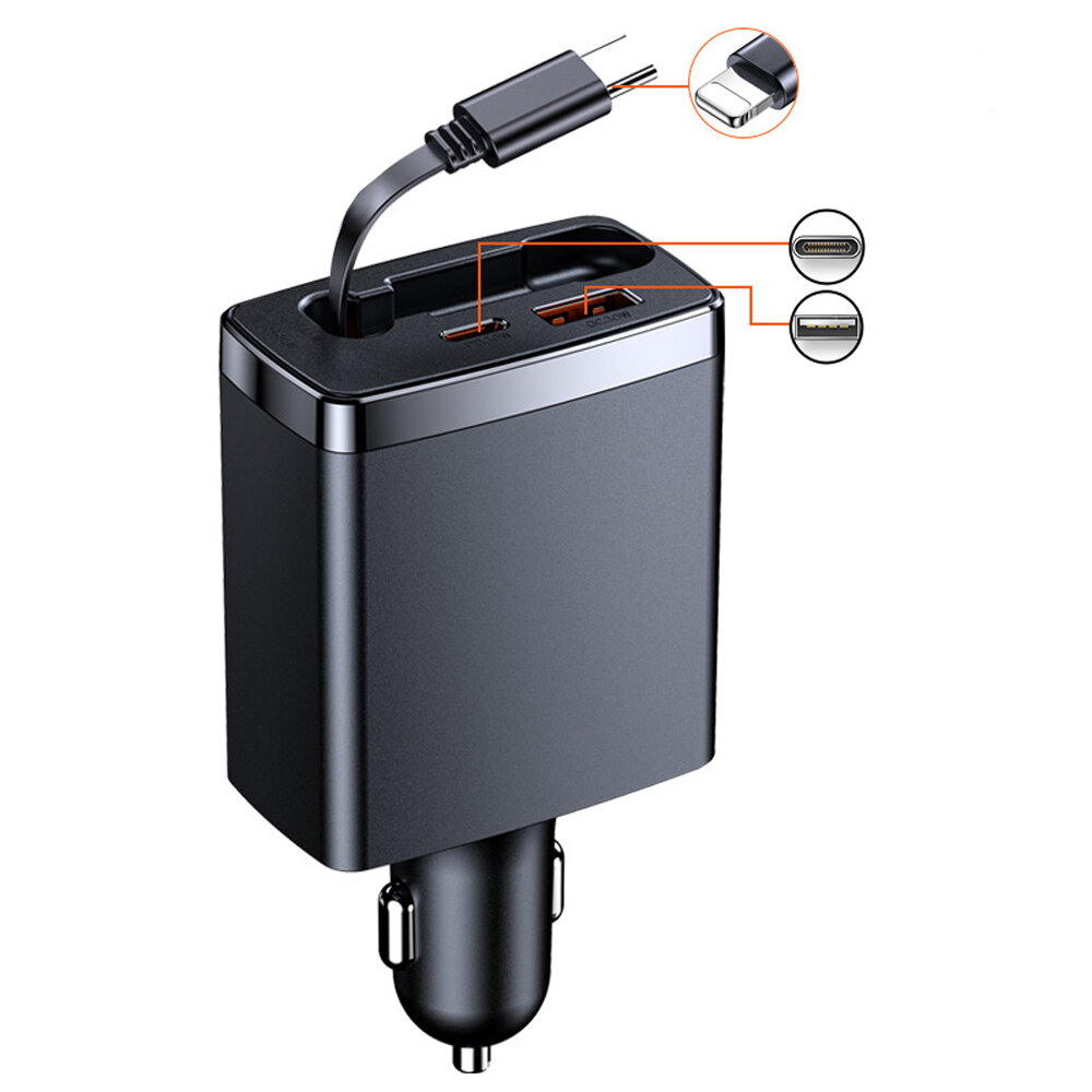 Выдвижные автомобильные зарядные устройства 3 в 1: адаптер быстрой зарядки с зарядным кабелем и 2 портами для смартфонов, планшетов и других электронных устройств.