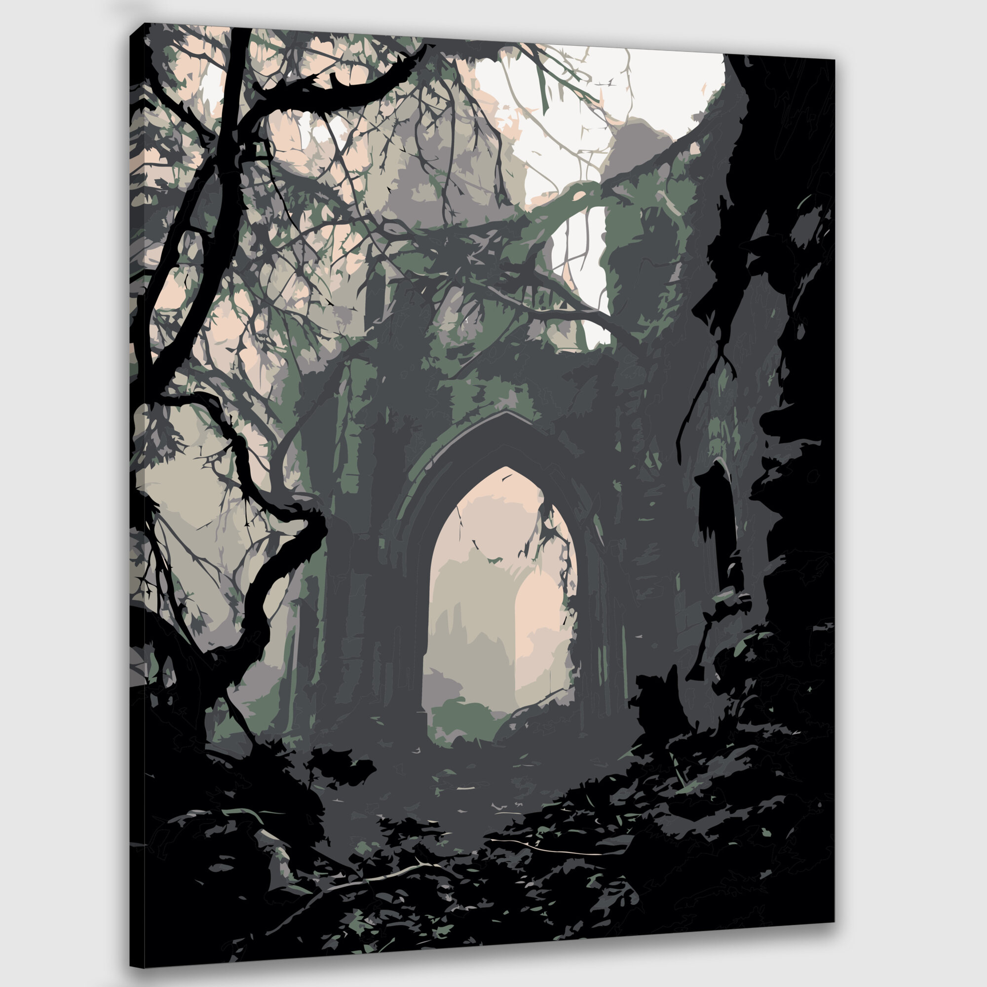 Картина по номерам 40x50 см, заброшенный замок, черно-белая фотография, туман, разросшаяся растительност, руины