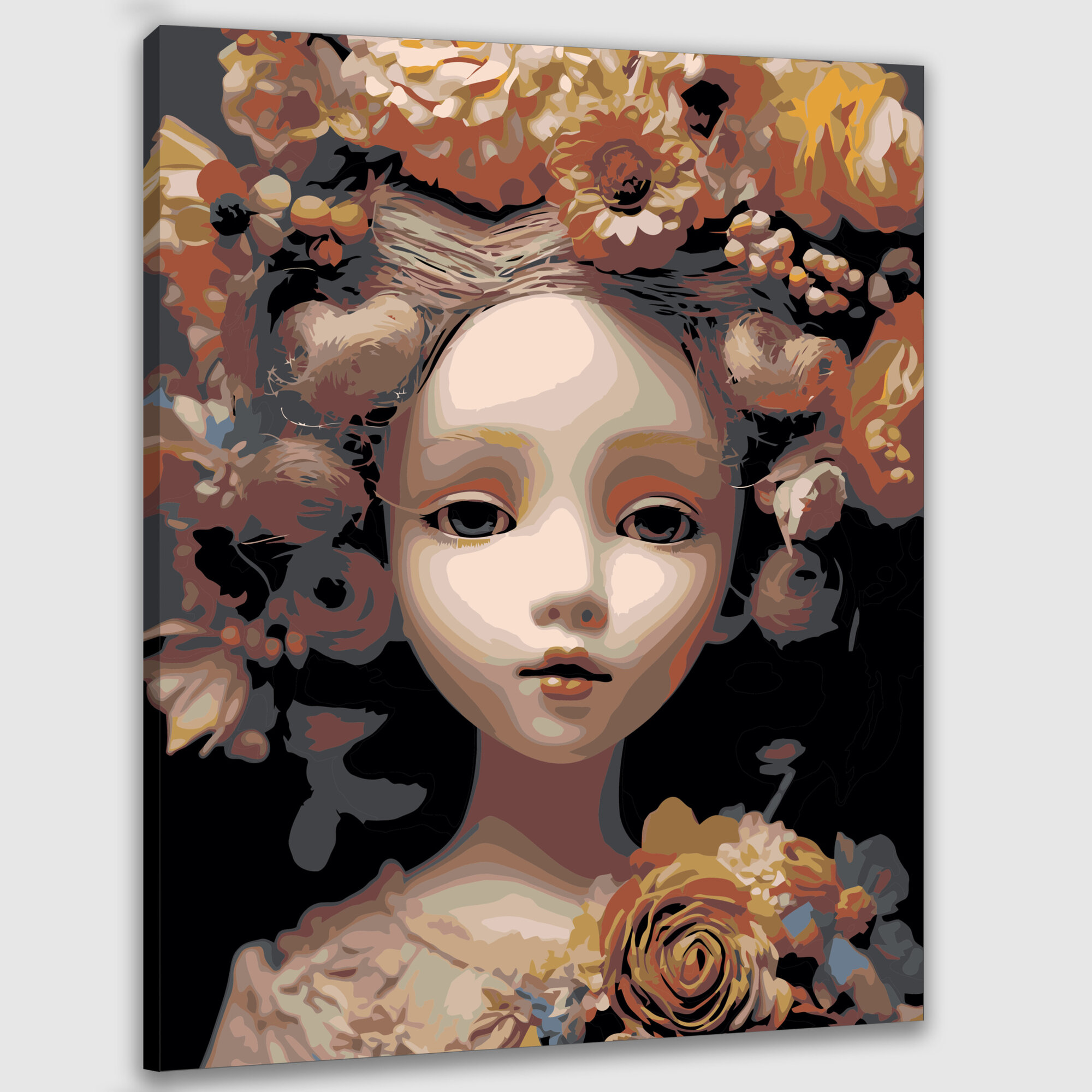 Картина по номерам 40x50 см, винтажная кукла, крупный план, цветочный венок, фарфоровое лицо, яркие цвета